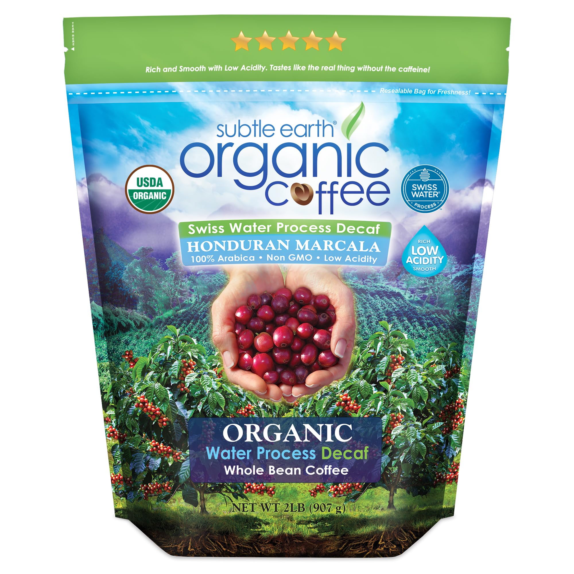 2LB Subtle Earth Organic Decaf - Swiss Water Process Decaf - Medium Dark Roast - Whole Bean Coffee - Low Acidity - Organic Certified by CCOF - 2 Pound Bag