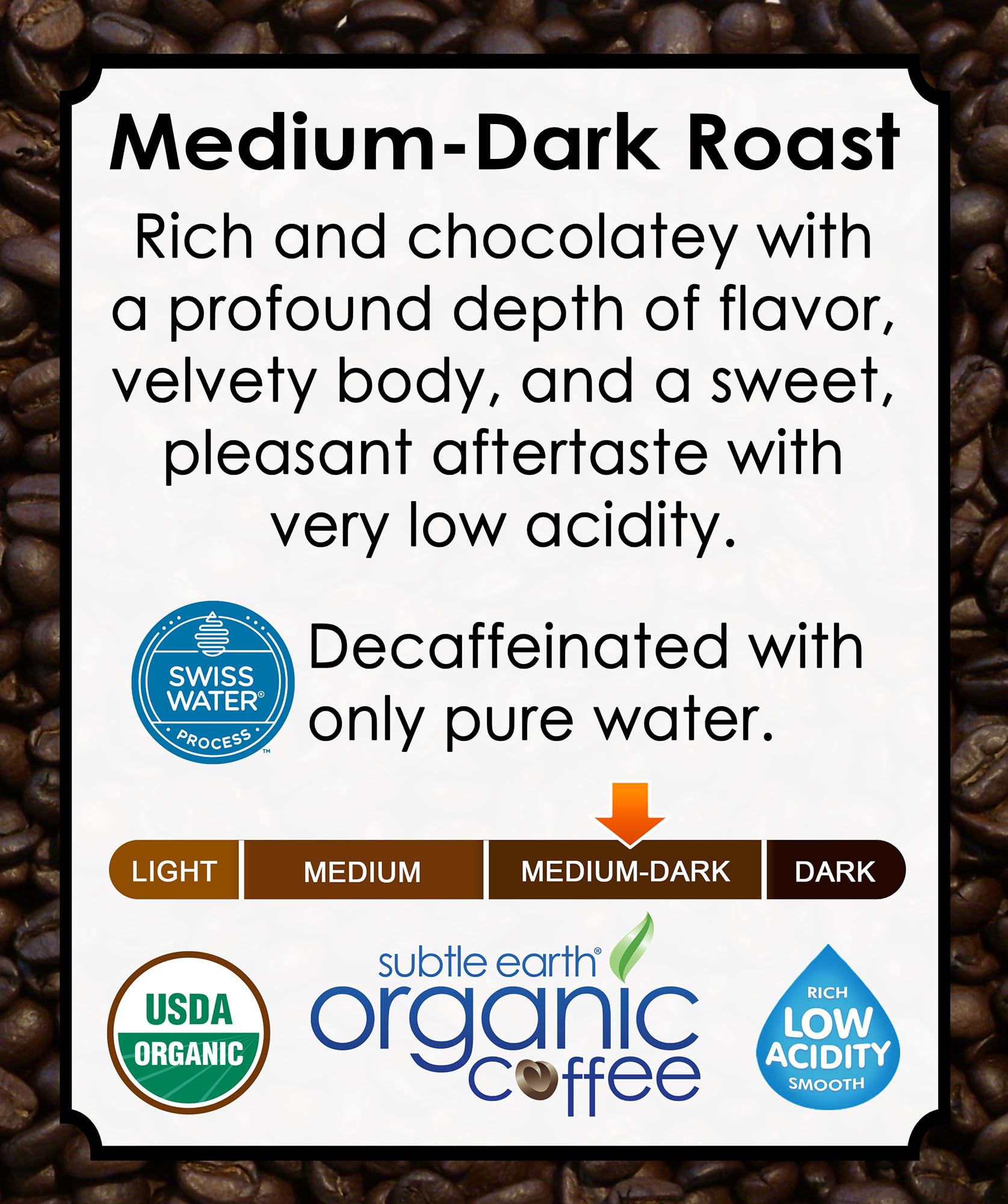 2LB Subtle Earth Organic Decaf - Swiss Water Process Decaf - Medium Dark Roast - Whole Bean Coffee - Low Acidity - Organic Certified by CCOF - 2 Pound Bag