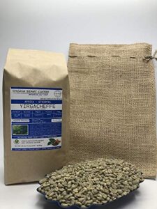 5 pounds – african - ethiopia yirgacheffe - unroasted arabica green coffee beans – varietal ethiopian heirloom – drying/milling process washed sundried – unique distinctive taste - includes burlap bag