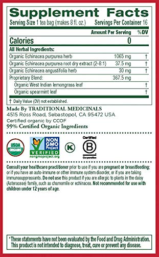 Traditional Medicinals Tea, Organic Echinacea Plus, Promotes Immune Function, w/ Spearmint, 96 Tea Bags (6 Pack)