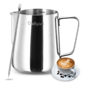 milk frothing pitcher, dailyart 12oz/350ml milk frother cup 304 stainless steel espresso milk steaming pitcher with art pen, espresso machine accessories milk pitcher for cappuccino, latte art