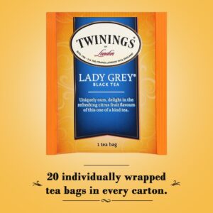 Twinings Lady Grey Tea - A Fresh, Uplifting Black Tea with Orange Peel, Lemon Peel, and Natural Citrus Flavours, Caffeinated Tea Bags, Individually Wrapped, 20 Count (Pack of 3)