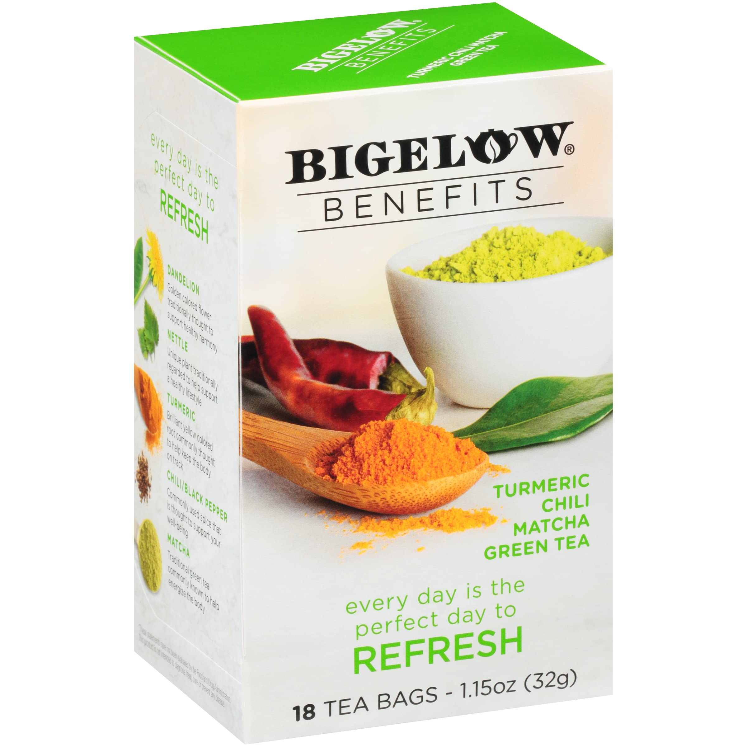 Bigelow Benefits Refresh Turmeric Chili Matcha Green Tea, Caffeinated, 18 Count (Pack of 6), 108 Total Tea Bags