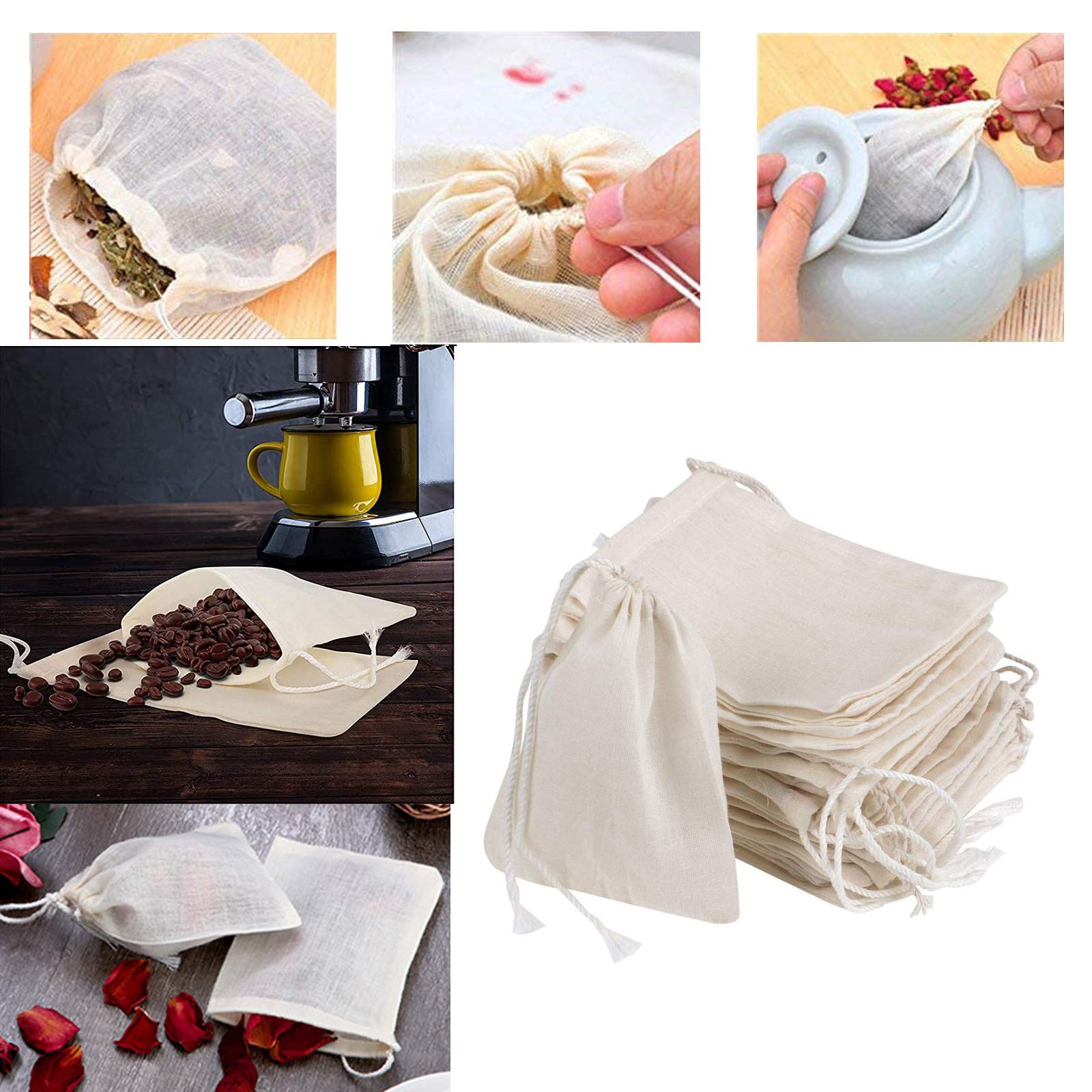 ICEYLI 30 Pcs 4 x 3 Inches Natural Unbleached Cotton Drawstring Bags Spice/Herbs/Tea Bags,Muslin Bags Sachet Bag for Home Supplies