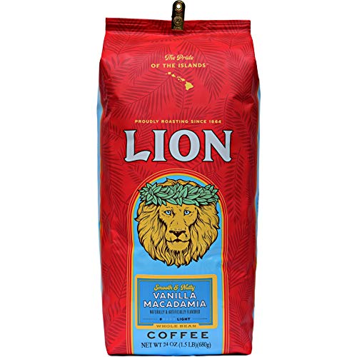 Lion Coffee, Vanilla Macadamia Flavor, Light Roast, Whole Bean, 24 Ounce Bag