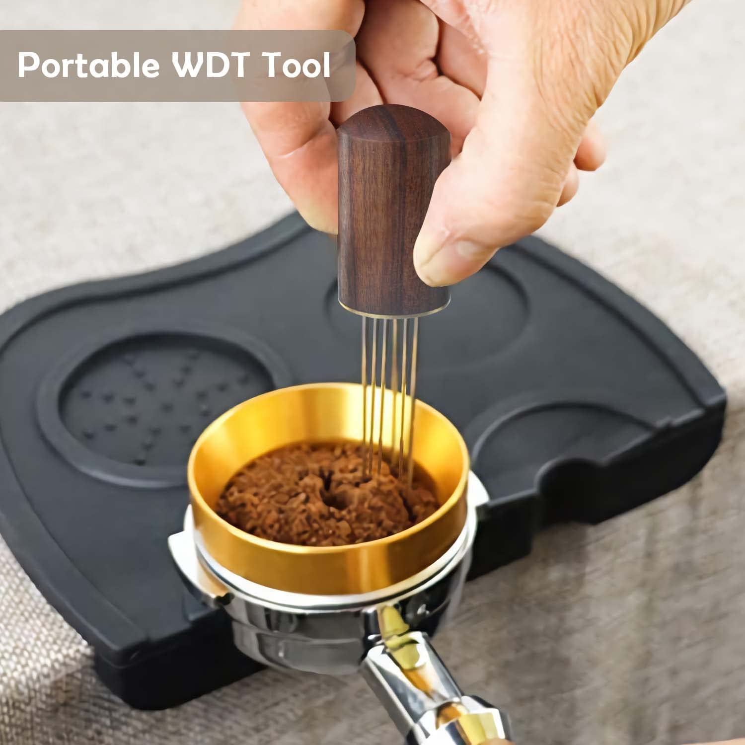 WDT Tool,Espresso Coffee Stirrer Espresso Distribution Tool Portable Espresso distribution Tools,6 Needles Natural Wood Handle and Stand (Walnut)