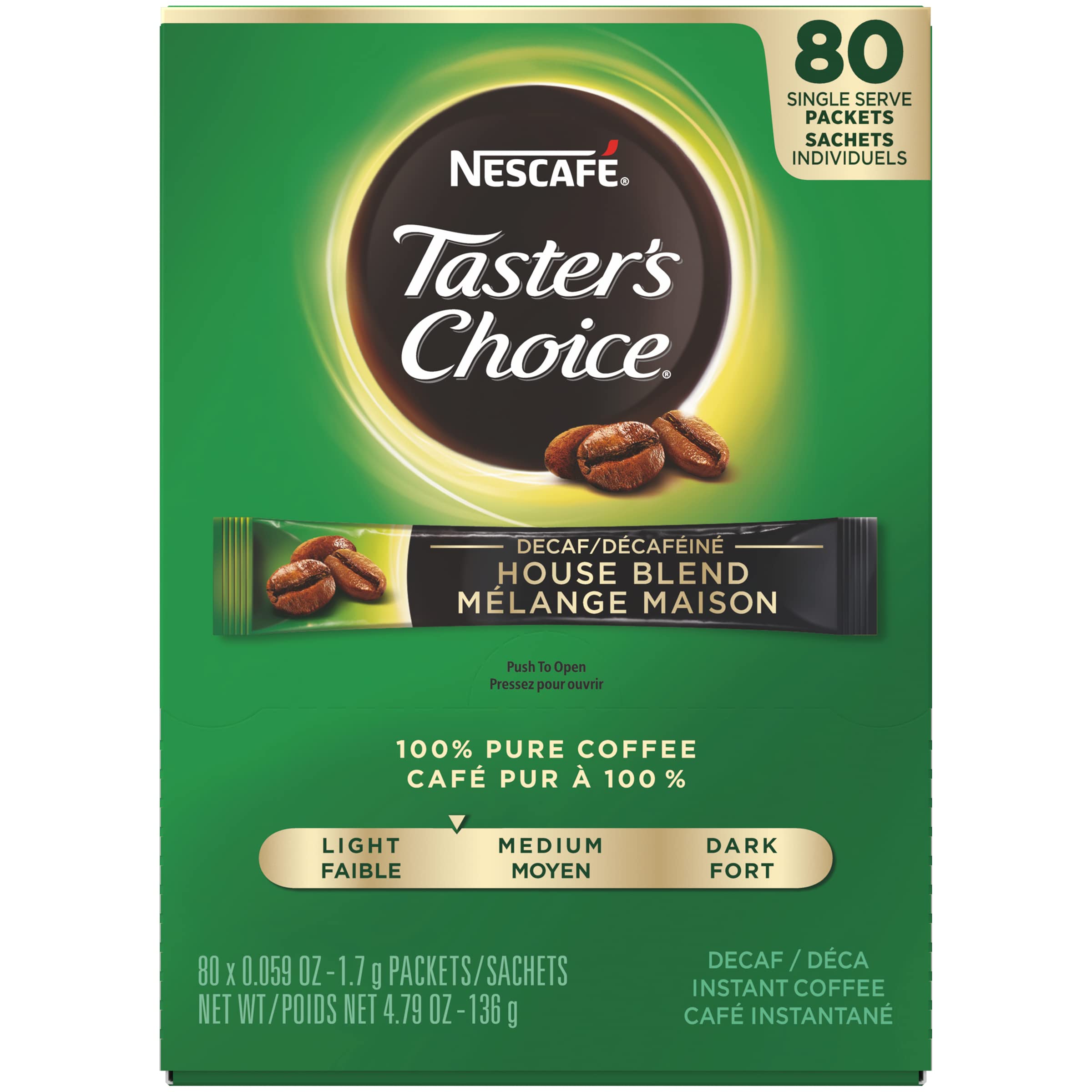 Nescafe Instant Coffee Packets, Decaf, Taster's Choice Light Roast, 1.7 g Singles (Pack of 80)