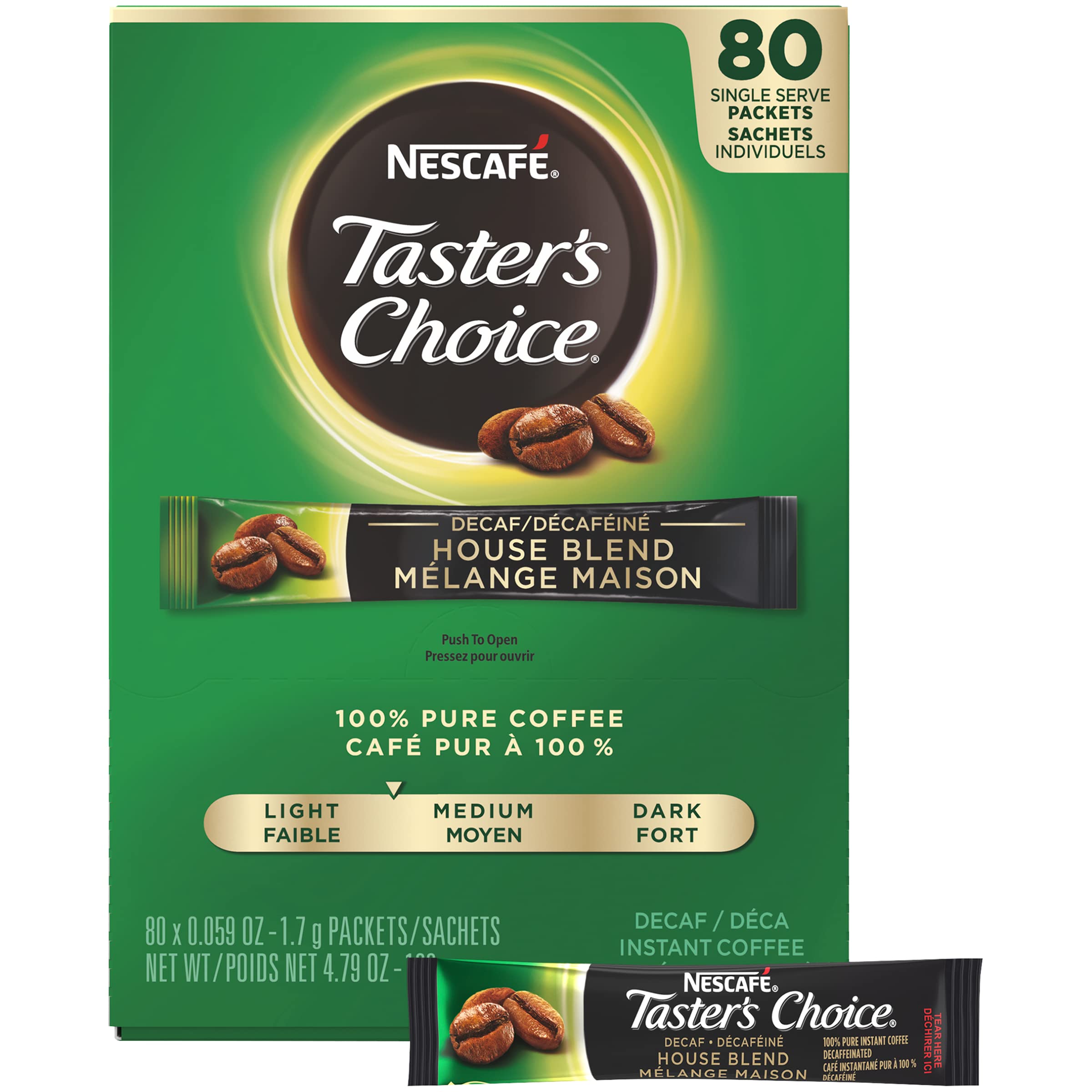 Nescafe Instant Coffee Packets, Decaf, Taster's Choice Light Roast, 1.7 g Singles (Pack of 80)