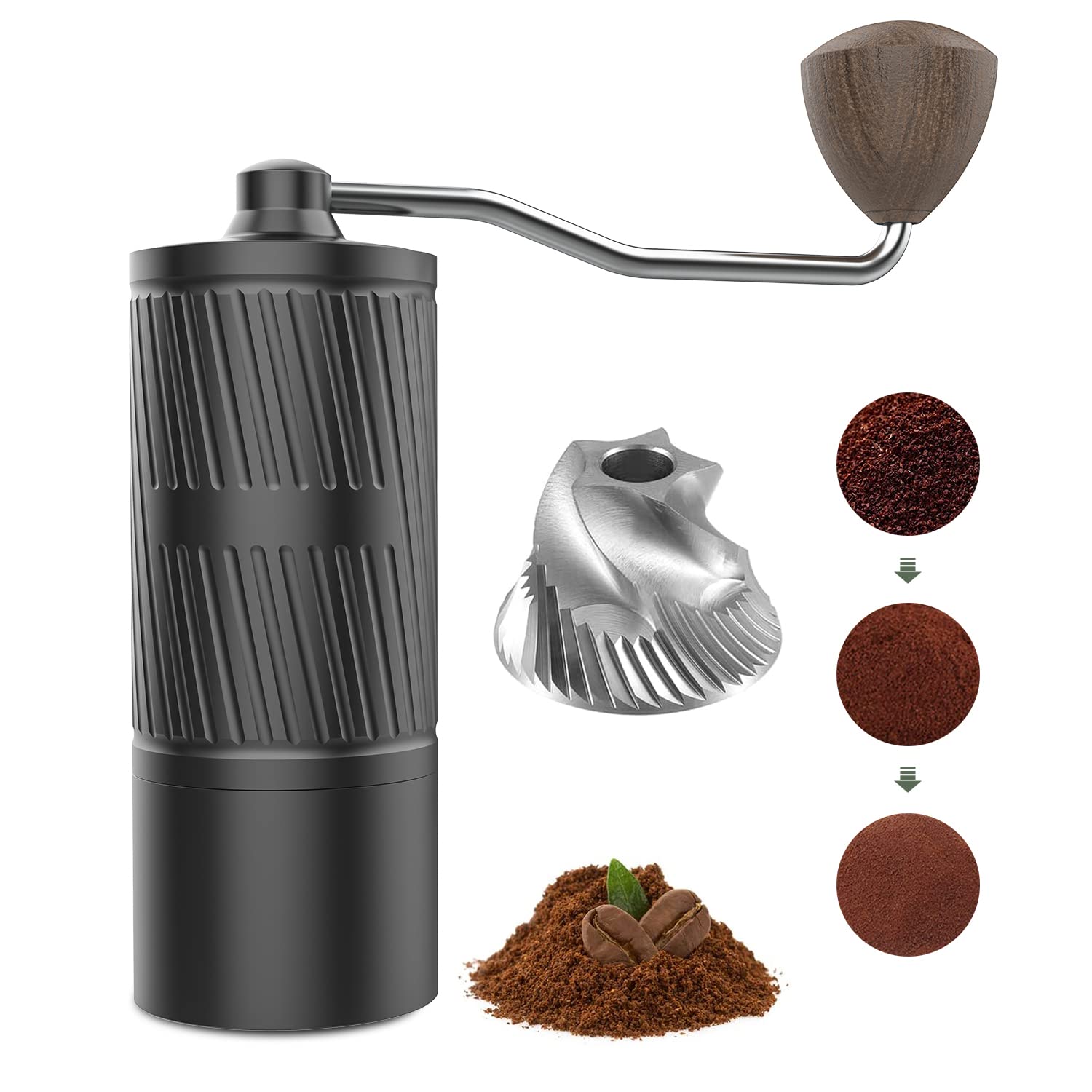 JELLYFISH Manual Coffee Grinder, SUS 420 Stainless Steel Conical Burr, 3-Bearing Fixing Shaft Coffee Grinder, Wood Knob, 30 Grind Settings for Espresso, Drip Coffee, French Presses