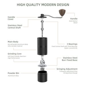 JELLYFISH Manual Coffee Grinder, SUS 420 Stainless Steel Conical Burr, 3-Bearing Fixing Shaft Coffee Grinder, Wood Knob, 30 Grind Settings for Espresso, Drip Coffee, French Presses