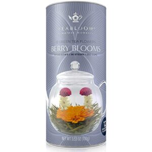 Teabloom Holiday Flowering Teas - 12 Assorted, Delicious Berry Blooming Teas - Premium Green Tea + Cranberry, Blueberry, Acai Berry & Strawberry