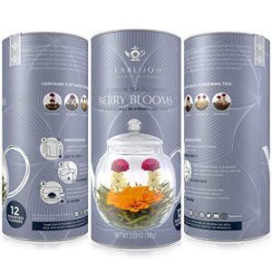 Teabloom Holiday Flowering Teas - 12 Assorted, Delicious Berry Blooming Teas - Premium Green Tea + Cranberry, Blueberry, Acai Berry & Strawberry