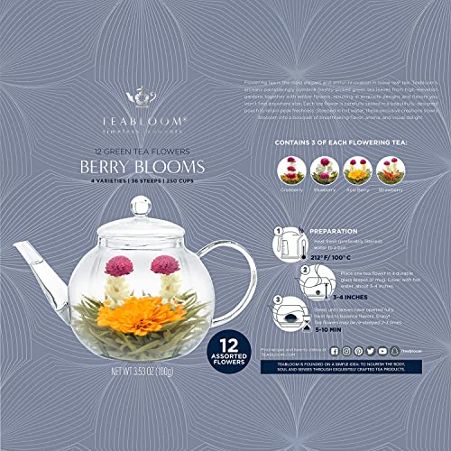 Teabloom Holiday Flowering Teas - 12 Assorted, Delicious Berry Blooming Teas - Premium Green Tea + Cranberry, Blueberry, Acai Berry & Strawberry