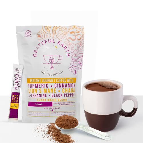 Grateful Earth Mushroom Coffee Instant - Immune Support- Super Brain Blend- Turmeric, Cinnamon, Lion’s Mane, Chaga, L-Theanine, Black Pepper- Dairy Free- 20 Ct