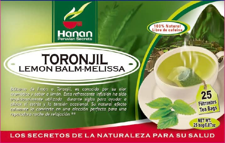 Hanan Peruvian Secrets Lemon Balm Tea (Toronjil) - 25 Teabags of Herbal Tea - Melissa Herb for Relaxing Herbal Tea - Natural Dried Plant Leaves from Peru (not extract) – Melissa officinalis