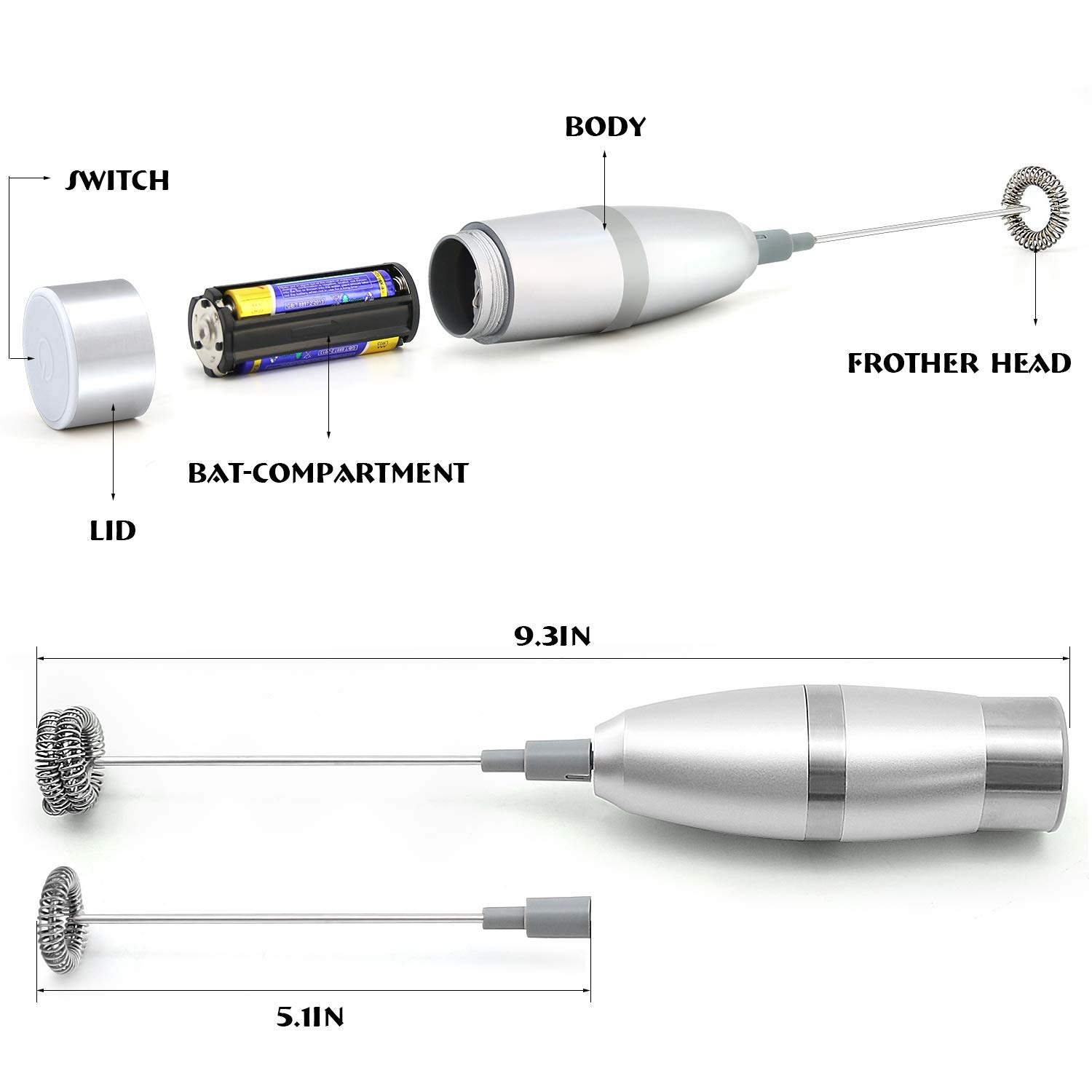 KORCCI Milk Frother Handheld, Protein Powder Mixer, Automatic Double Whisk for Coffee, Battery Operated Electric Foamer Maker For Cappuccino, Lattes, Macchiato, Hot Chocolate, Matcha, Egg