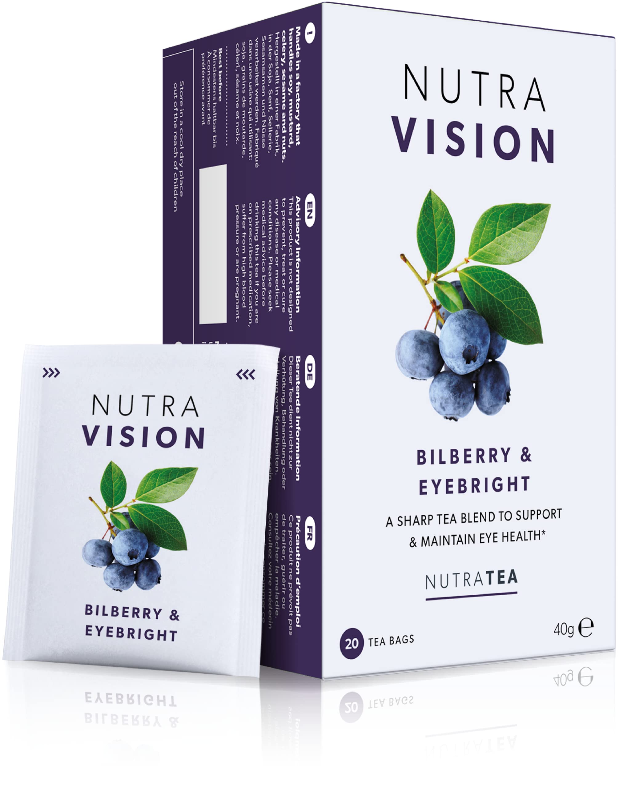 NUTRAVISION - Eye Health Tea – Includes Bilberry & Eyebright - For general and age-related eye health - 20 Enveloped Tea Bags - by Nutra Tea - Herbal Tea