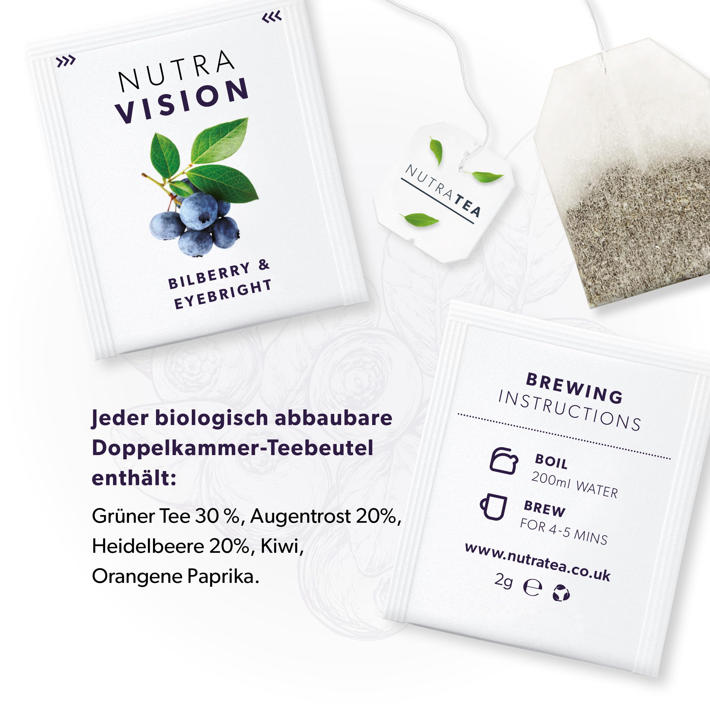 NUTRAVISION - Eye Health Tea – Includes Bilberry & Eyebright - For general and age-related eye health - 20 Enveloped Tea Bags - by Nutra Tea - Herbal Tea