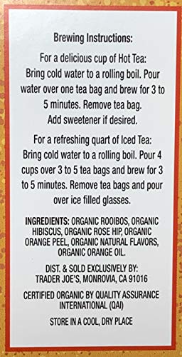 Trader Joes Organic Blood Orange Rooibos Herbal Tea Blend, Flavored with other Natural Flavors, Caffeine Free, 20 Tea Bags, 1.13 ounces (32 grams)