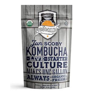 jun kombucha starter culture - usda certified organic jun scoby & starter tea - makes 1 gallon - brewed with organic green tea & honey - brew jun tea!