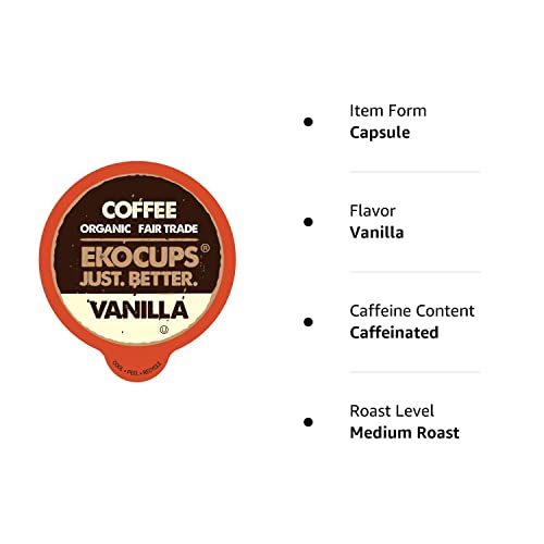 EKOCUPS Artisan Organic Vanilla Flavored Hot or Iced Coffee, Medium roast, in Recyclable Single Serve Cups for the Keurig K Cup Brew, 10 Count (Pack of 4)