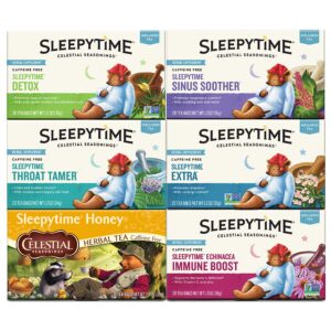 celestial seasonings wellness tea sleepytime variety pack, detox, sinus soother, throat tamer, sleepytime extra, honey, immune boost, caffeine free sleep tea, 20 tea bags (pack of 6)