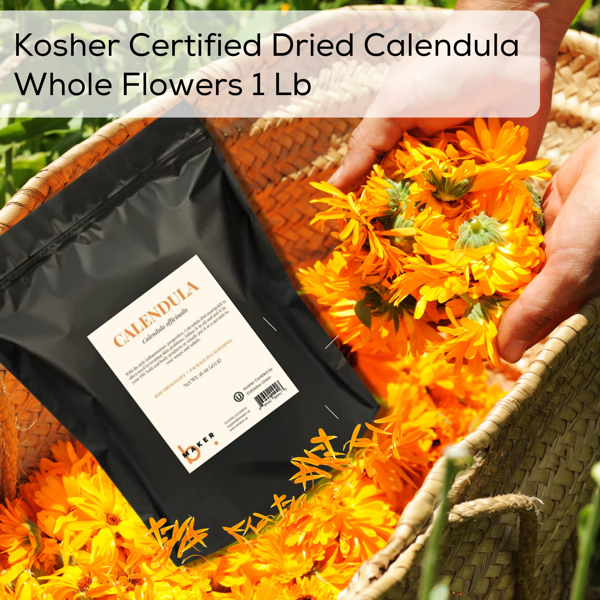 Dried Calendula Whole Flowers - 1 Pound Edible Flowers - Natural Marigold for Making Herbal Teas, Essential Oils, Balm, Salve, Crafting - Kosher Certified - Food Grade by bMaker