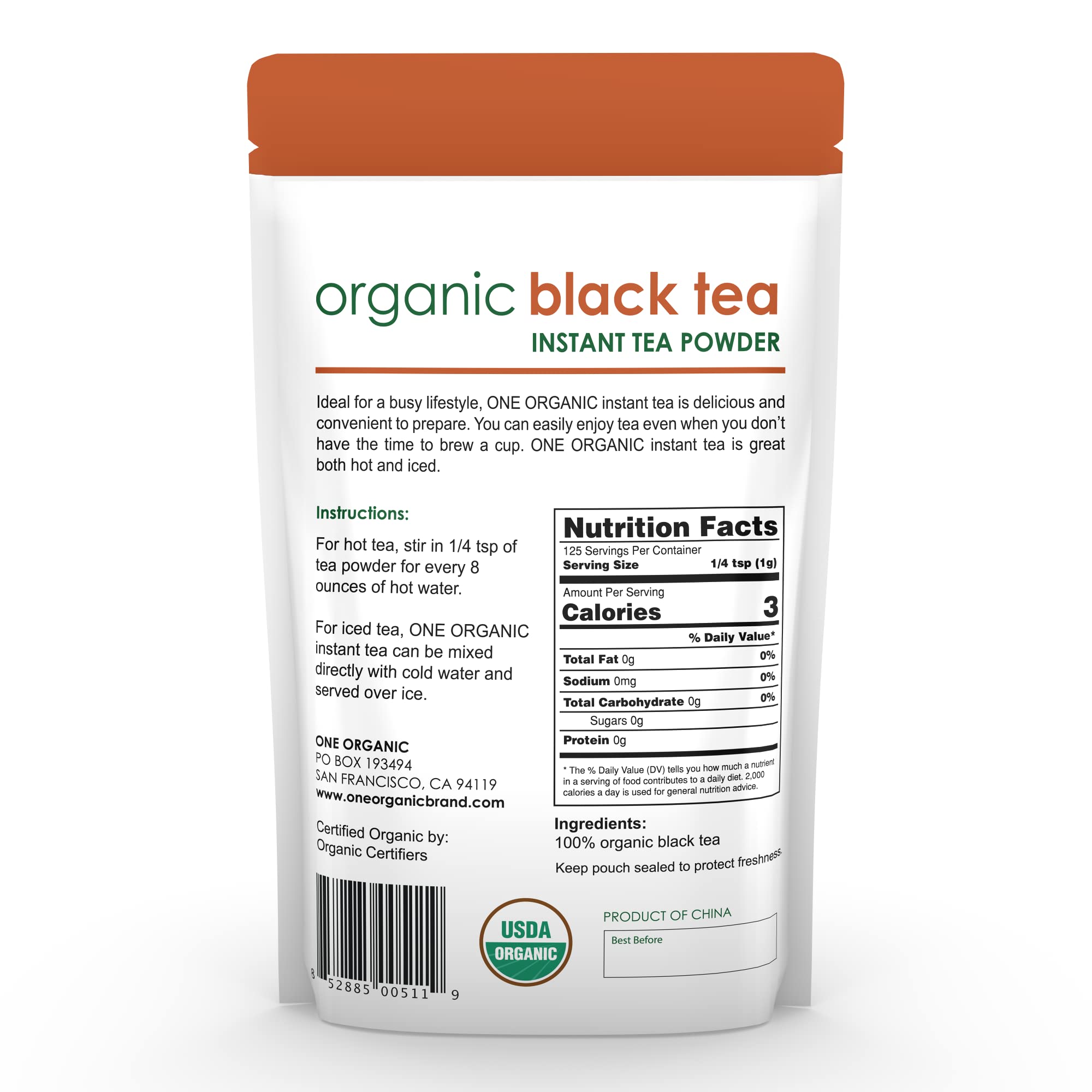 ONE ORGANIC Instant Tea Powder (Black) – 4.4 oz. – 125 Servings – USDA Certified Organic – 100% Pure Tea - Instant Hot or Iced Tea – Unsweetened