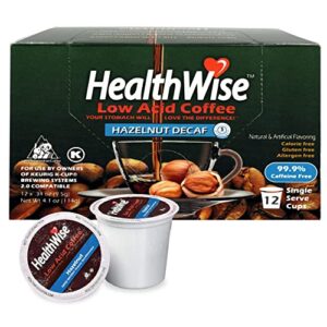 healthwise hazelnut decaf low acid coffee k-cups - swiss water process - acid reflux, heartburn, gastro issues - healthier coffee for sensitive stomachs - available in 4 different flavors - 12 count