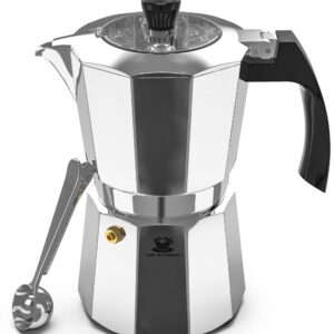 Cafe Du Chateau Espresso Maker (6 cup) Transparent Top Lid, High Gloss Finish, with Coffee Clip Spoon - Coffee Percolator, Camping Coffee Pot