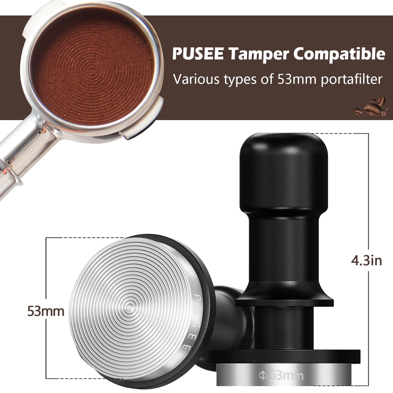 PUSEE 53mm Espresso Coffee Tamper,Premium Calibrated Espresso Tamper 30lb Coffee Tamper with Spring Loaded,100% Stainless Steel Ground Tamper for Barista Home Coffee Espresso Accessories Upgrade3.0