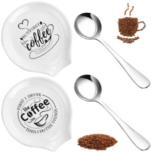 gandeer 4 pieces coffee spoon rest and spoon funny coffee quote ceramic coffee spoon holder rests for coffee station decor stove top countertop kitchen accessories nice present for coffee lovers