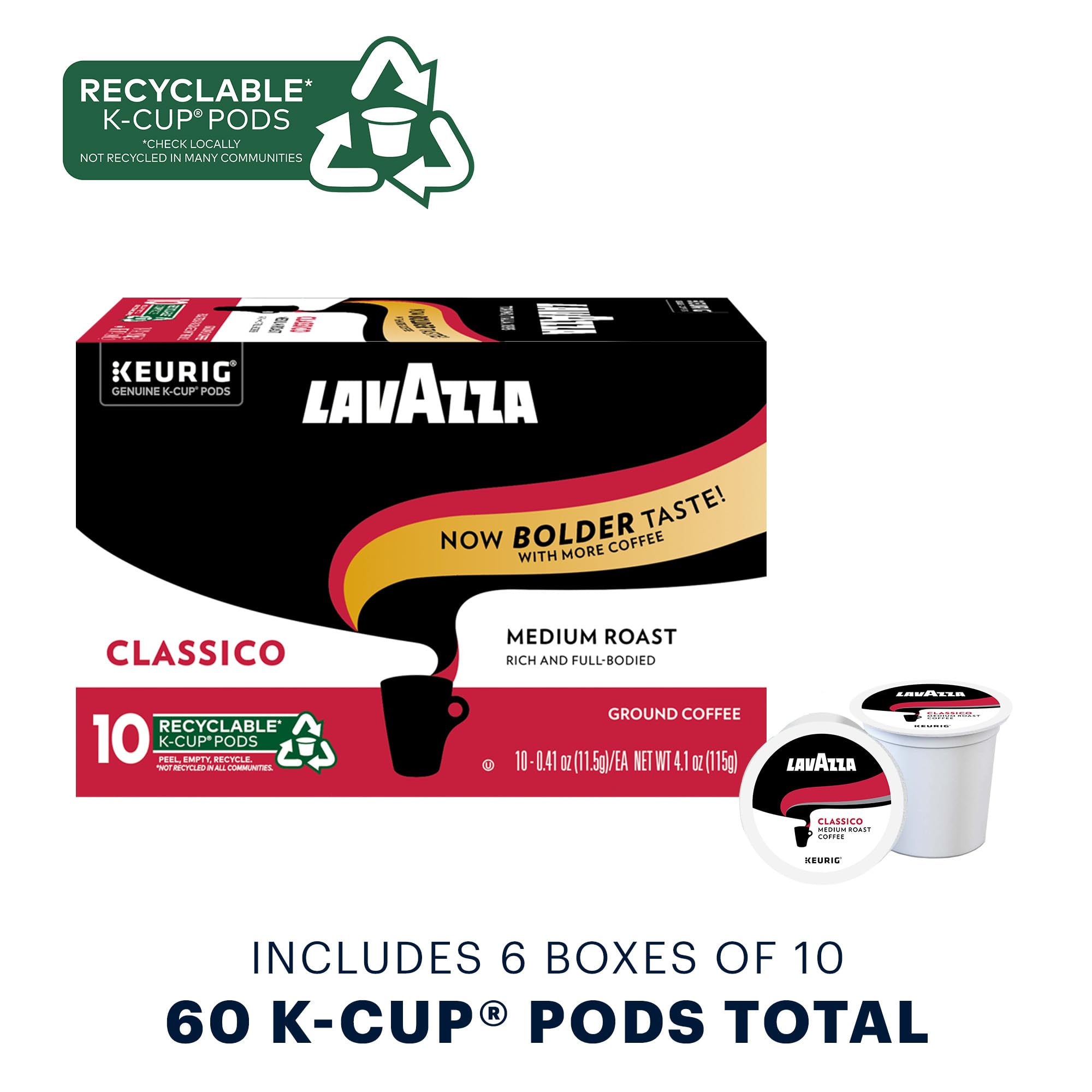 Lavazza Classico Medium Roast Coffee, Keurig K-Cups, 60 Count, 10 Count (Pack of 6)