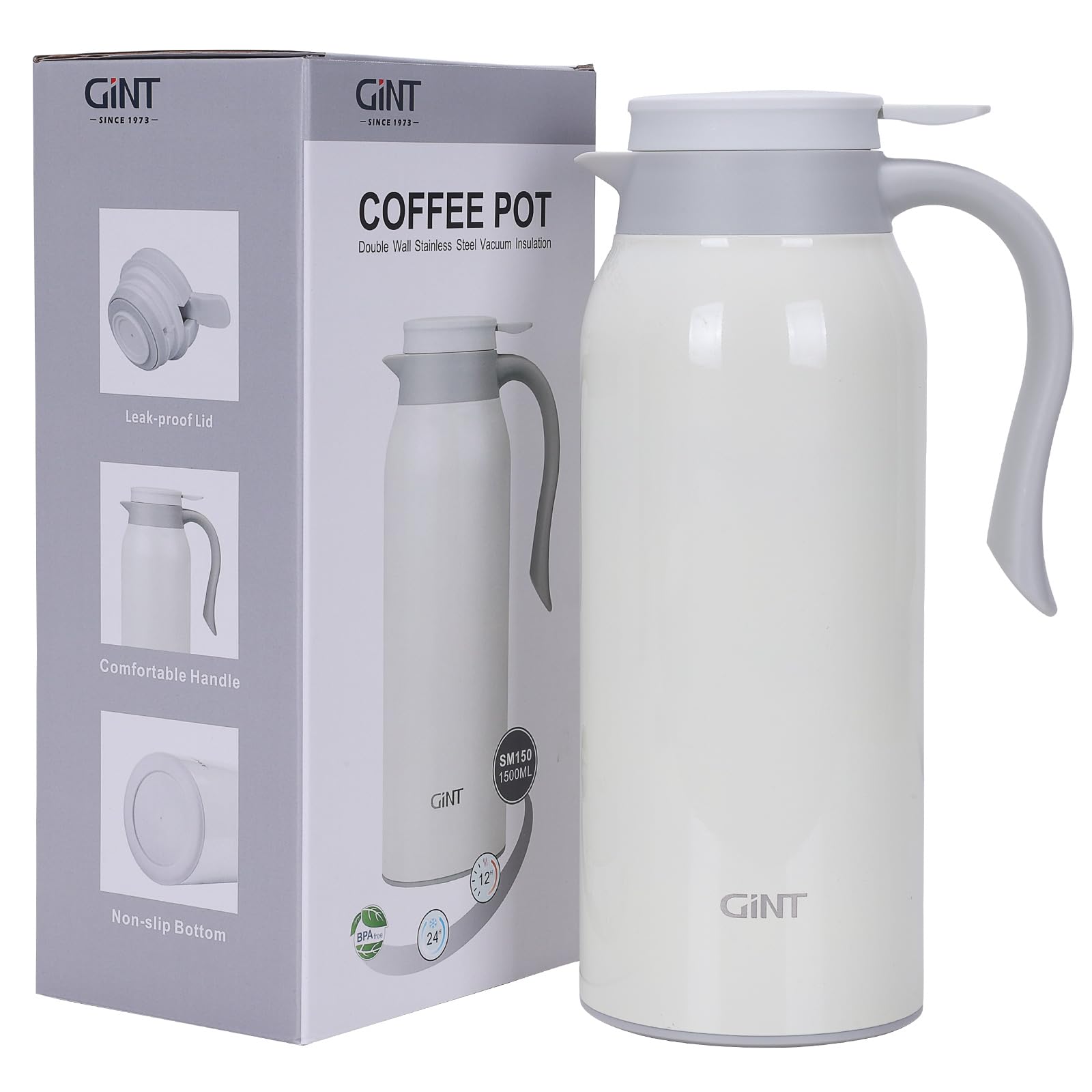 GiNT 51 Oz Stainless Steel Thermal Coffee Carafe, Double Walled Vacuum Thermos, 12 Hour Heat Retention, 1.5 Liter Tea, Water, and Coffee Dispenser (Upgraded version White)