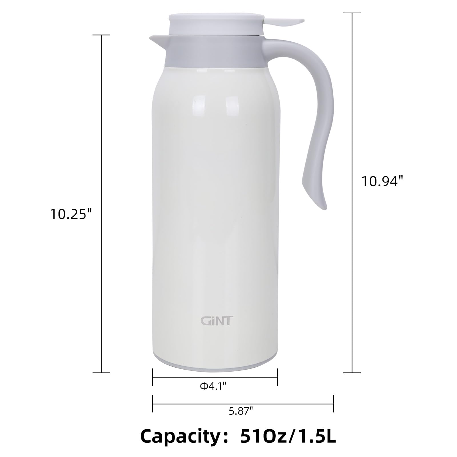 GiNT 51 Oz Stainless Steel Thermal Coffee Carafe, Double Walled Vacuum Thermos, 12 Hour Heat Retention, 1.5 Liter Tea, Water, and Coffee Dispenser (Upgraded version White)