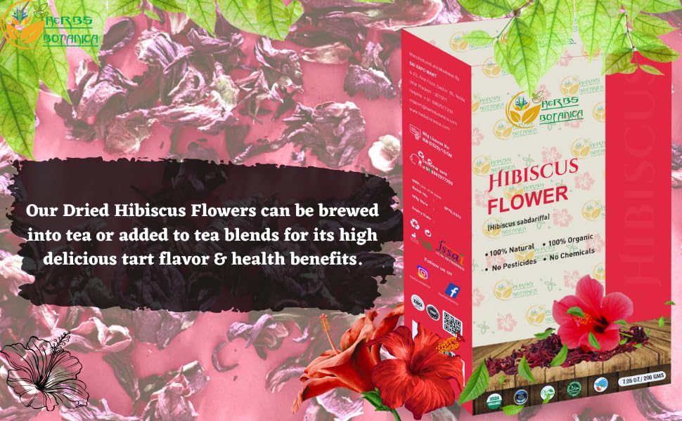 Herbs Botanica Hibiscus Flower Dried Organic For Tea, Hair Growth, Flor De Jamaica Organica Whole Full Flower Petals Cake Decoration & Cocktails 7.05 Oz / 200 Gms