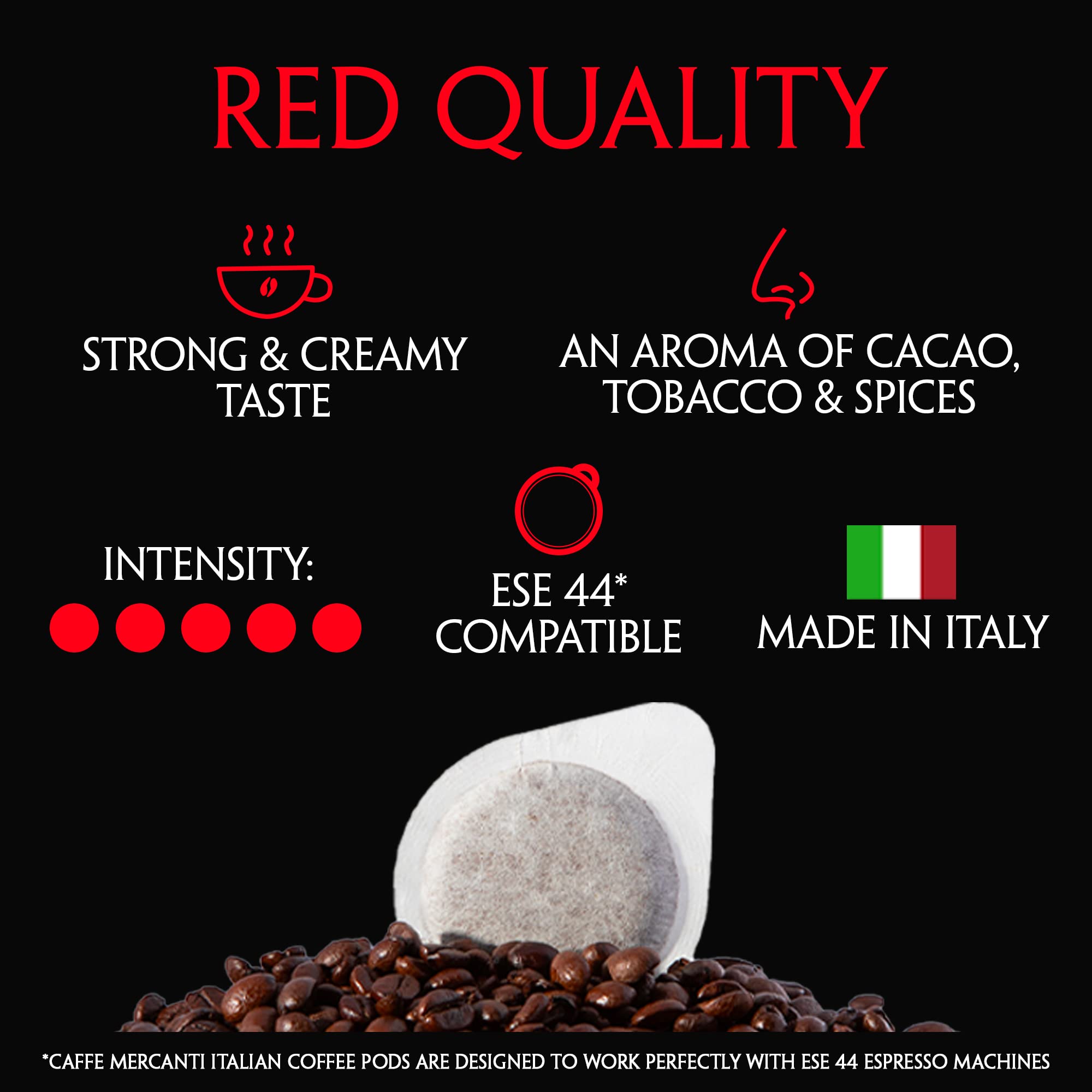 Caffe Mercanti ESE (Easy Serve Espresso) Rossa Italian Coffee Pods in Filter Paper - 44mm, 150 Pods - Italiano Caffe Filter Paper - Non-GMO