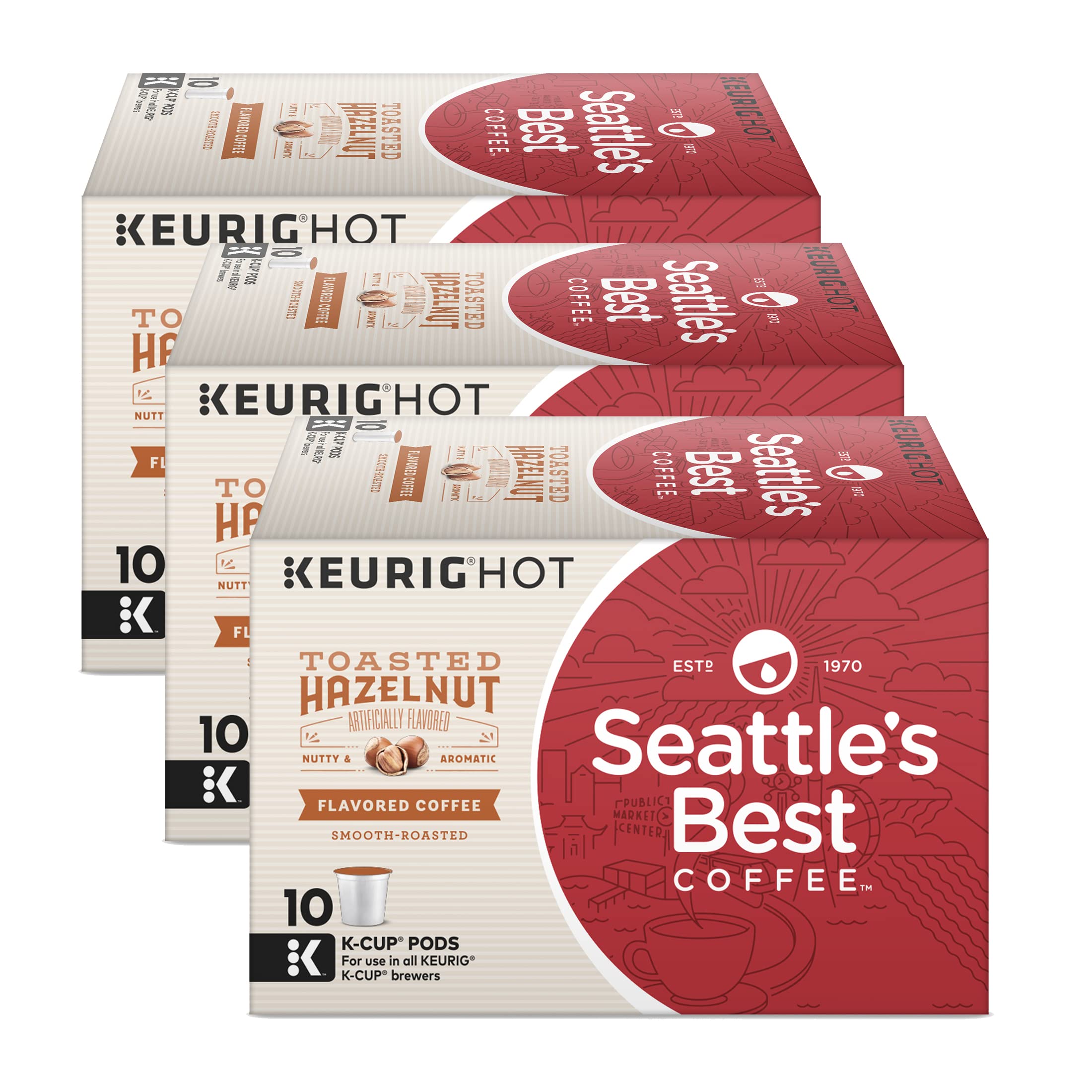 Seattle’s Best Coffee K-Cups, Toasted Hazelnut - Smooth Roasted Flavored Ground Coffee, 10 K-Cup Pods/Pack (Pack of 3)