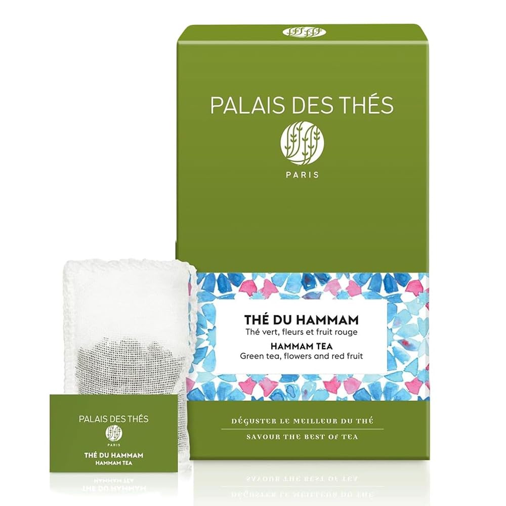 Palais des Thés - Thé Du Hammam - Premium Green Tea with Berries, Green Dates, Rose, and Orange Flower Water - 20 Count Biodegradable Cotton Tea Bags Box