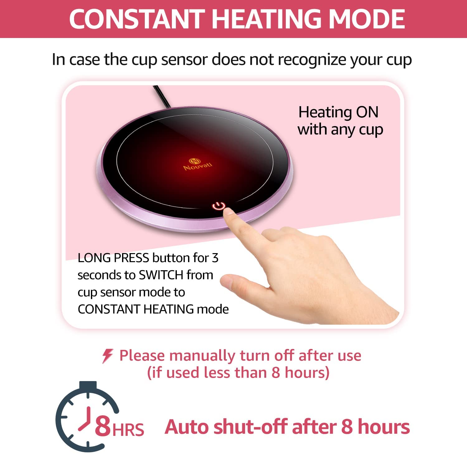 Nouvati Mug Warmer/Candle Warmer Plate/Coffee Warmer for Desk Auto Shut Off: Excellent Heating, 2 Heating Modes, Safety Features, Sleek & Compact Design; Tea Warmer (Rose Pink)