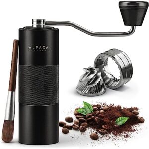 manual coffee grinder by alpaca ventures - stainless steel conical burr coffee grinder manual with adjustable setting double bearing hand espresso grinder perfect for home, office, and camping