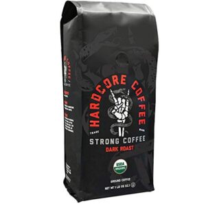 hardcore ground coffee, high caffeine, strong roast 16 oz