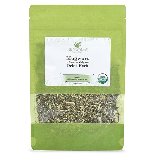 Biokoma Pure and Organic Mugwort Dried Herb 50g (1.76oz) In Resealable Moisture Proof Pouch, USDA Certified Organic - Herbal Tea, No Additives, No Preservatives, No GMO