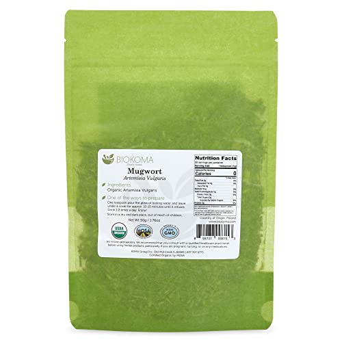 Biokoma Pure and Organic Mugwort Dried Herb 50g (1.76oz) In Resealable Moisture Proof Pouch, USDA Certified Organic - Herbal Tea, No Additives, No Preservatives, No GMO