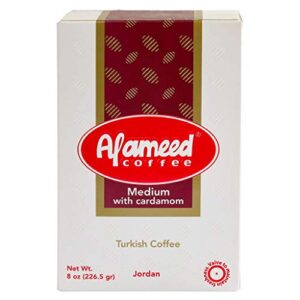 al ameed gourmet turkish ground coffee medium roast with cardamom, 100% authentic arabica, fresh & finely ground, 8oz