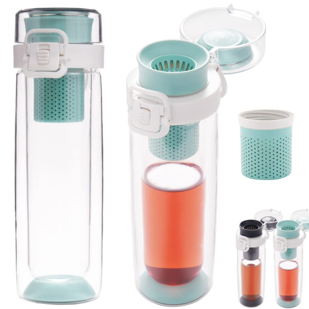 Mosi Portable Tea Infuser Bottle Loose Leaf Tea - Award Winning Design - Travel Tea Infuser Tumbler with Leak Proof Lid - Double Wall Insulated Tea Thermos - Tea Travel Accessories - Mint