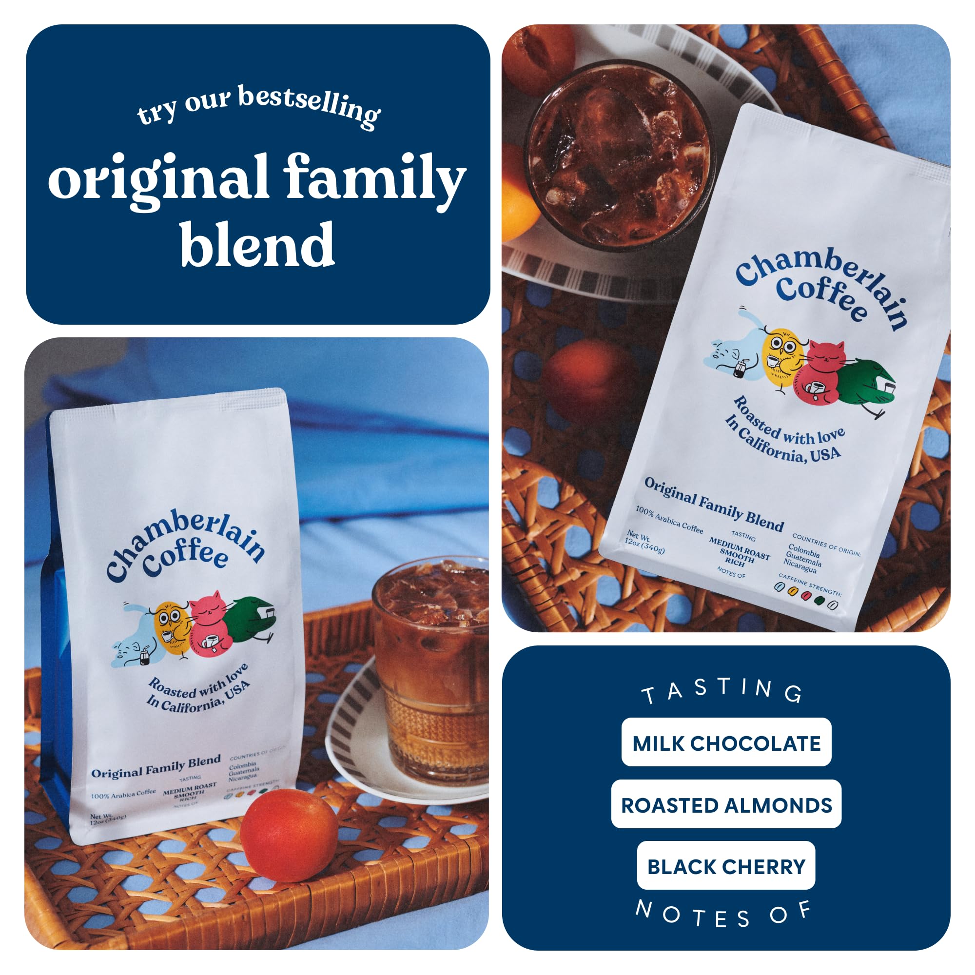 Chamberlain Coffee The Original Family Blend - Medium Roast Ground Coffee Beans with Notes of Milk Chocolate, Almond & Black Cherry - Specialty Ground Coffee Freshly Roasted In California - 12 oz