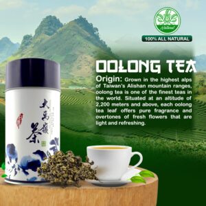 Oolong Loose Leaf Tea in Aesthetic Tea Tin, 70 Cups of Fresh, Smooth Aromatic High Mountain Oolong Tea from Taiwan, Alishan Tea District, For Relaxation, Peace and Health, Long Lasting, Unsweetened