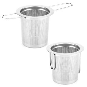 2pack tea strainer, stainless steel tea infuser basket sitting in mugs, evmliy tea infusers for loose tea, fine mesh tea diffuser long-handled tea strainers filters, tea steeper for leaf (2pack)