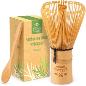 zulay traditional matcha whisk & spoon - 100 prong matcha bamboo whisk for ceremonial tea preparation - authentic japanese bamboo whisk for matcha tea - matcha tea whisk for the perfect matcha